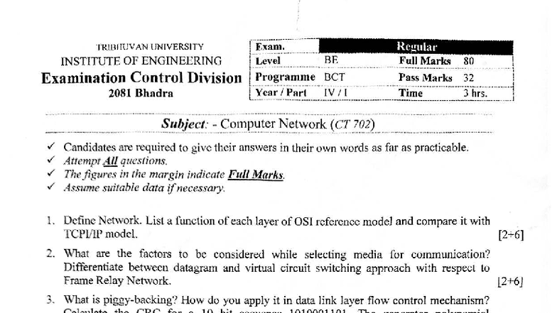 Computer Network Exam Questions and Answers (CT 702) - Studocu