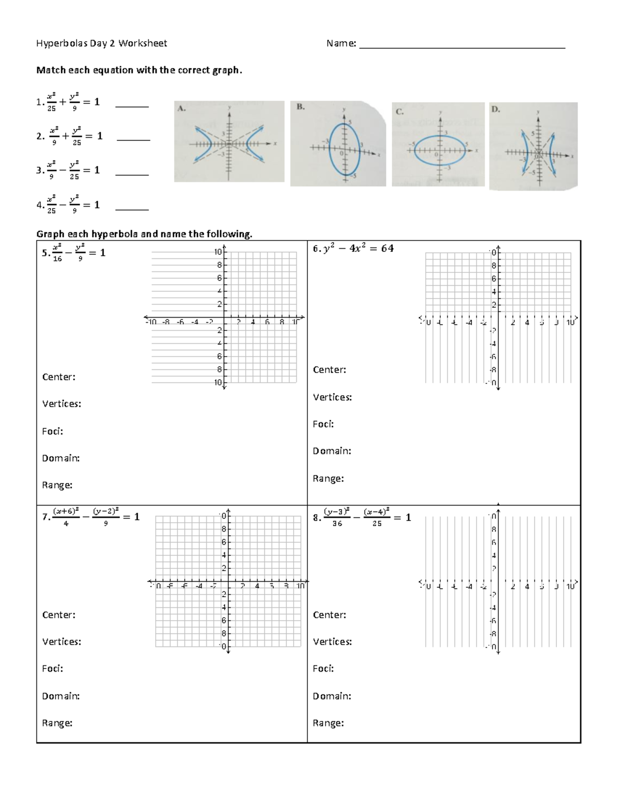 Hyperbola Worksheet Analytic Geometry Hyperbola Problems | PDF