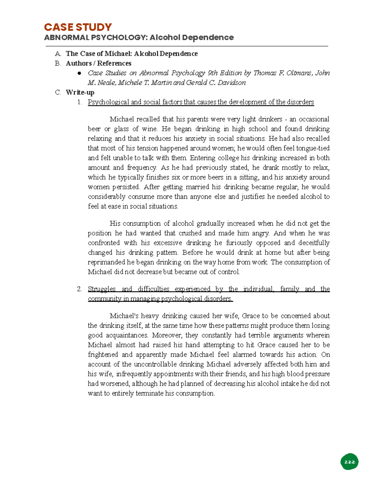 Abnormal Psychology Case Study: Alcohol Dependence of Michael - Studocu