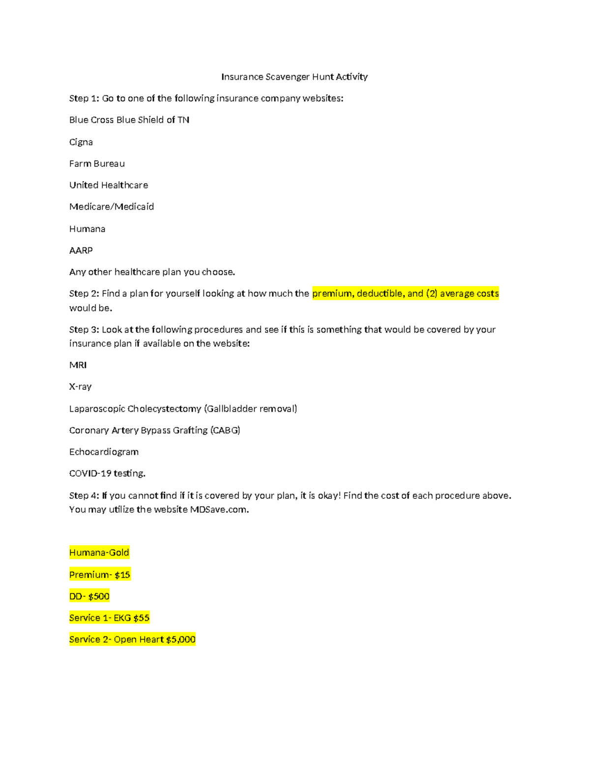Insurance Scavenger Hunt Activity - Step 2: Find a plan for yourself ...