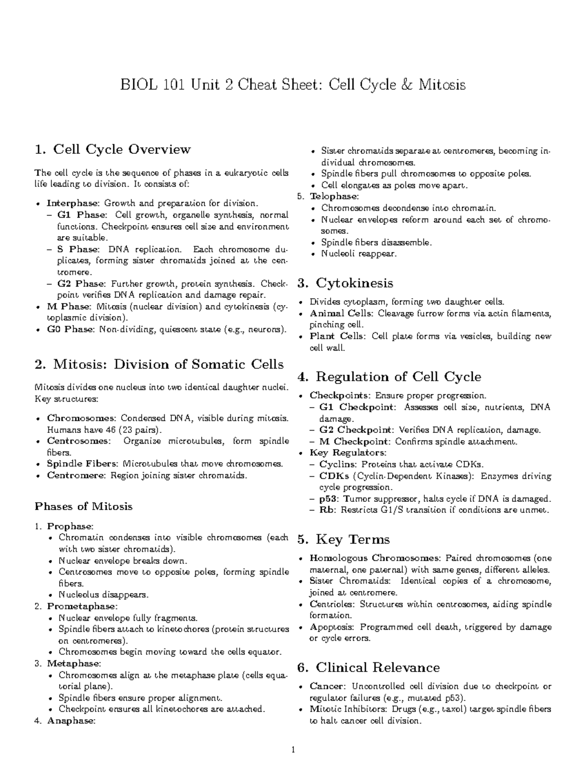 BIOL 101 Unit 2 Final Exam Cheat Sheet: Cell Cycle & Mitosis - Studocu