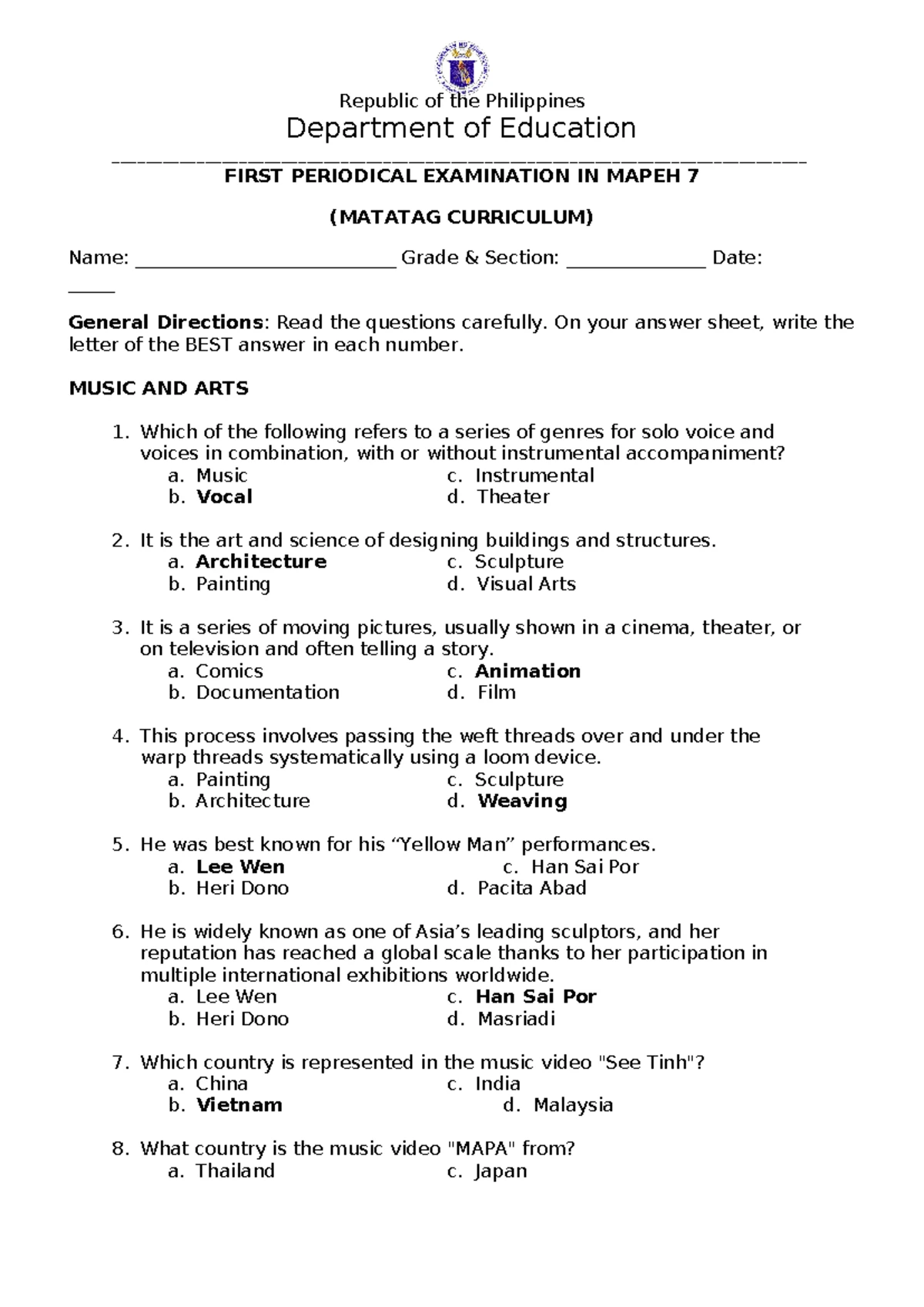 Matatag TOS Template 1 - Tos - Republic of the Philippines Department ...