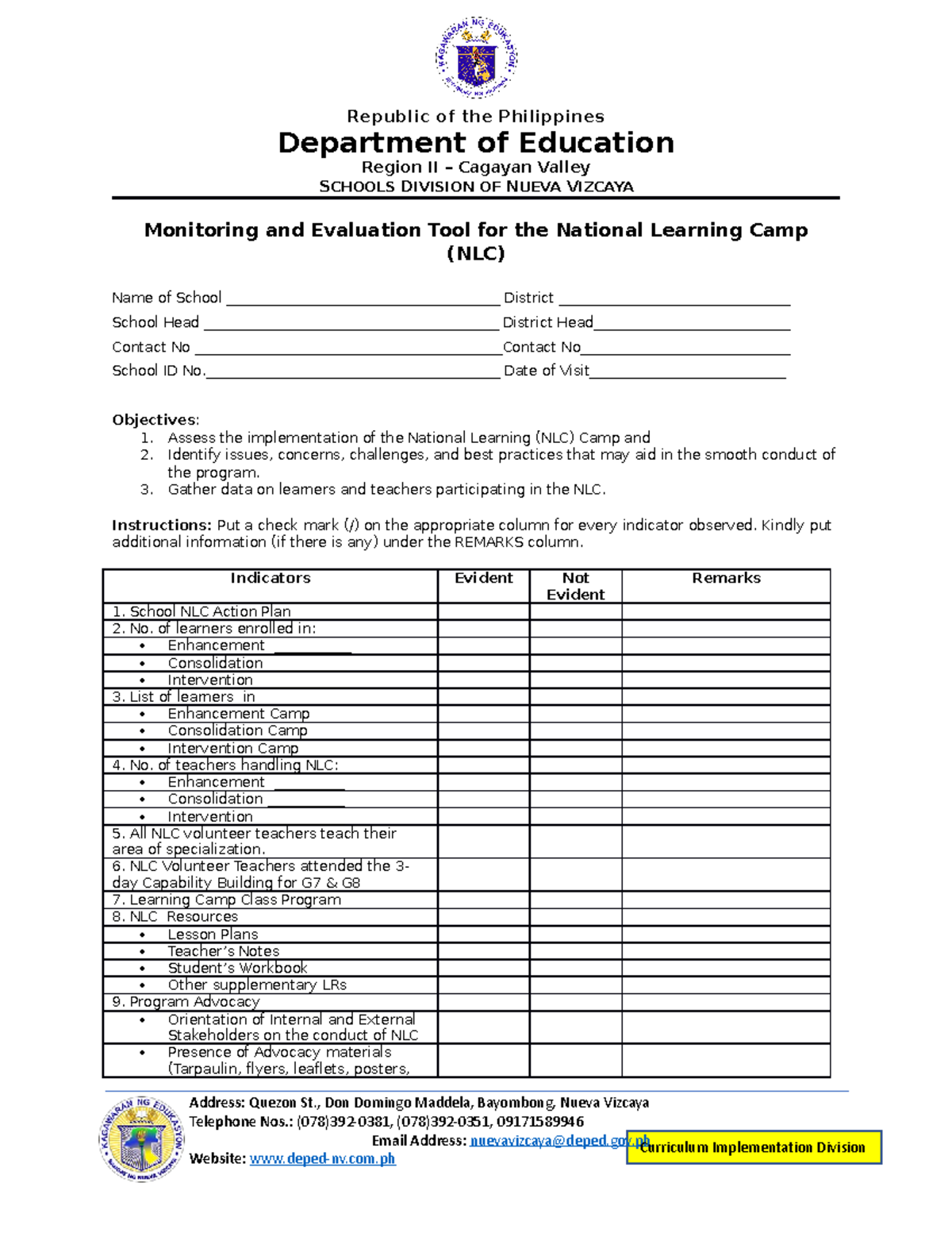 M E Tool NLC 2023 - Monitoring and Evaluation - Republic of the ...