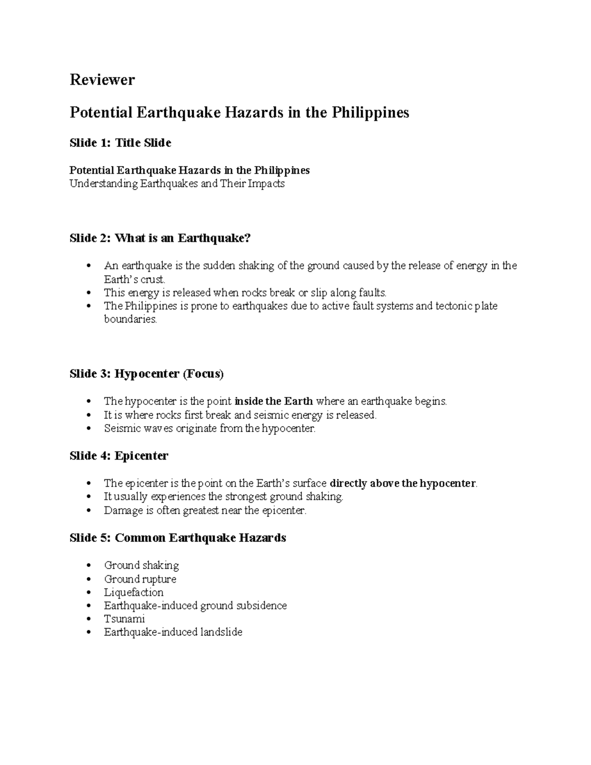 PHL 101: Potential Earthquake Hazards Overview and Impacts - Studocu