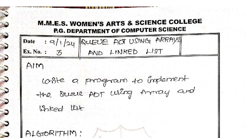 Queue ADT Implementation Using Arrays & Linked Lists - Ex. No. 3 - Studocu