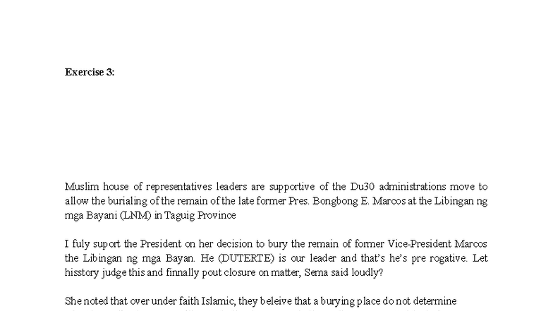 Muslim House Leaders Support Burial of Marcos at LNMB: Exercise 3 - Studocu