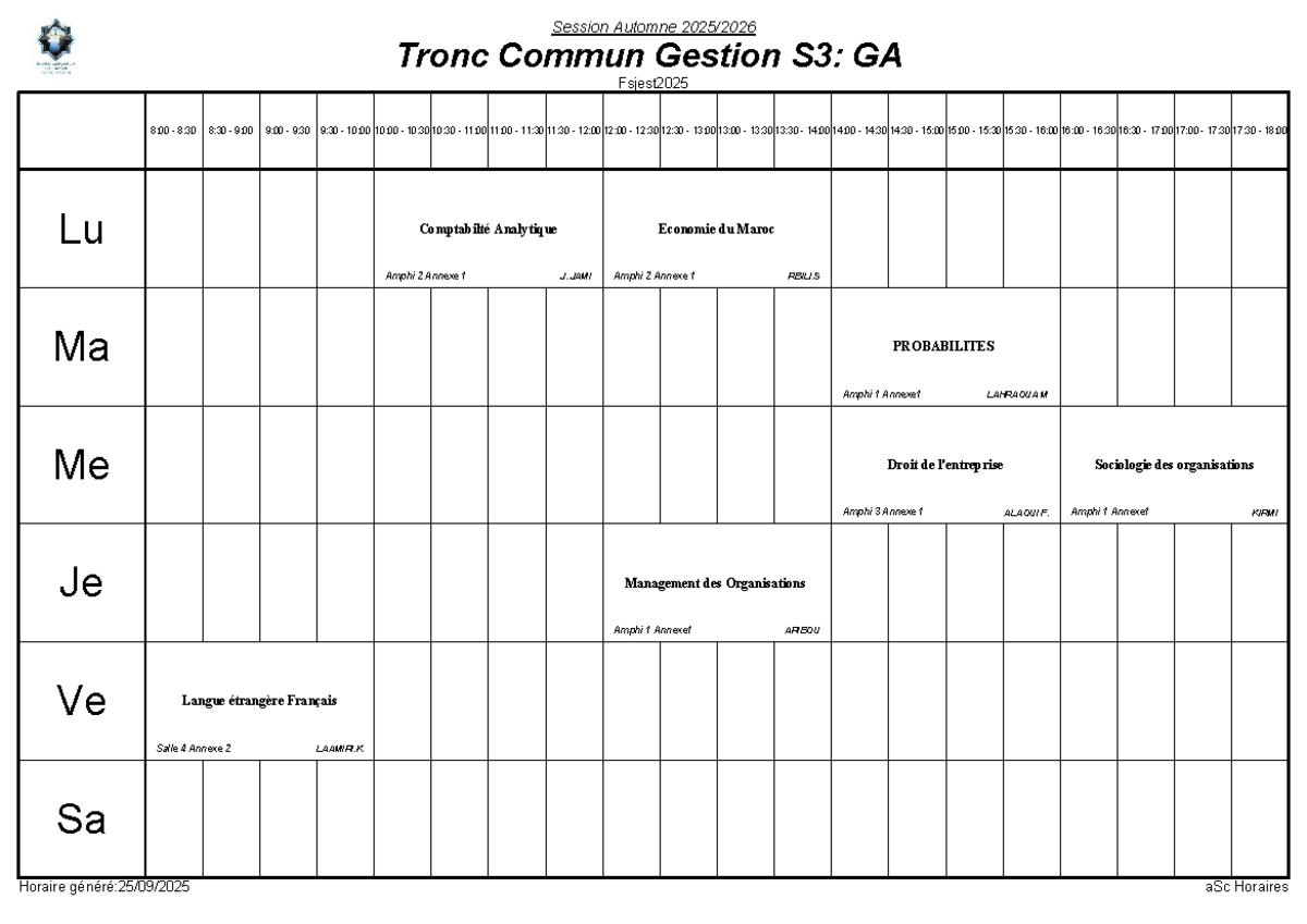Horaires des Cours - TC Gestion S3 GA Fsjest2025 - Studocu
