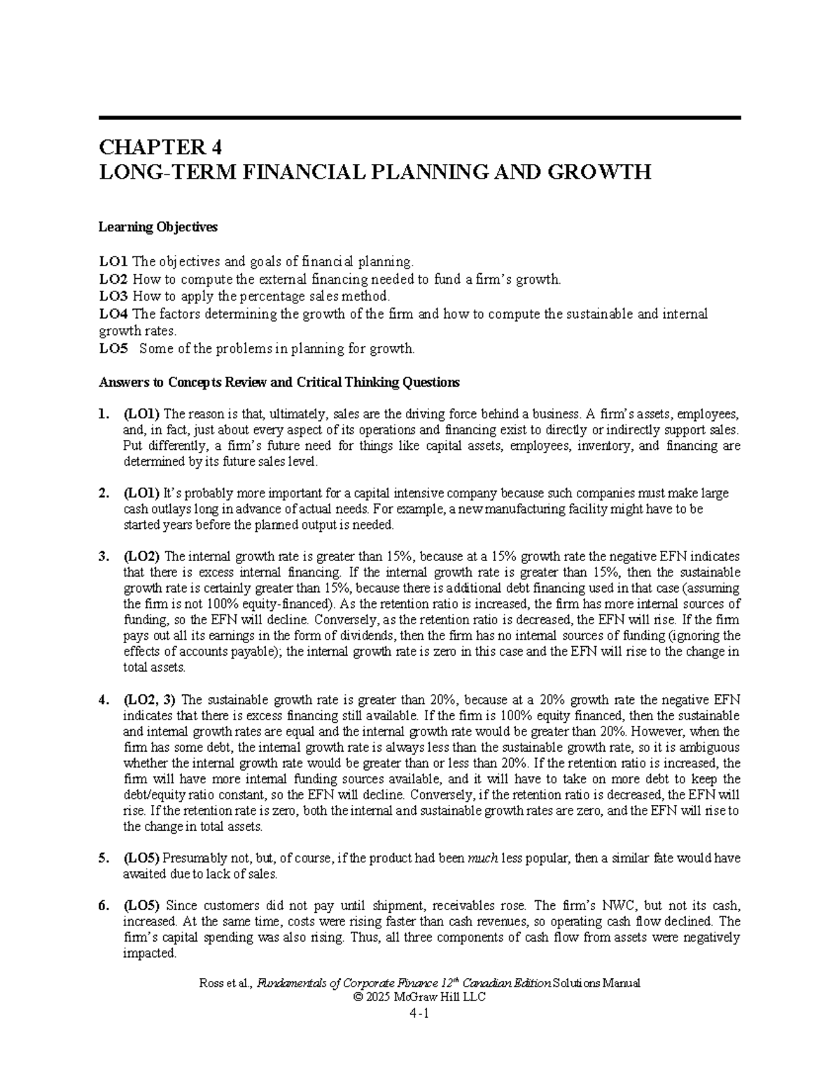 CH04 FINANCIAL PLANNING & GROWTH: Learning Objectives & Solutions - Studocu