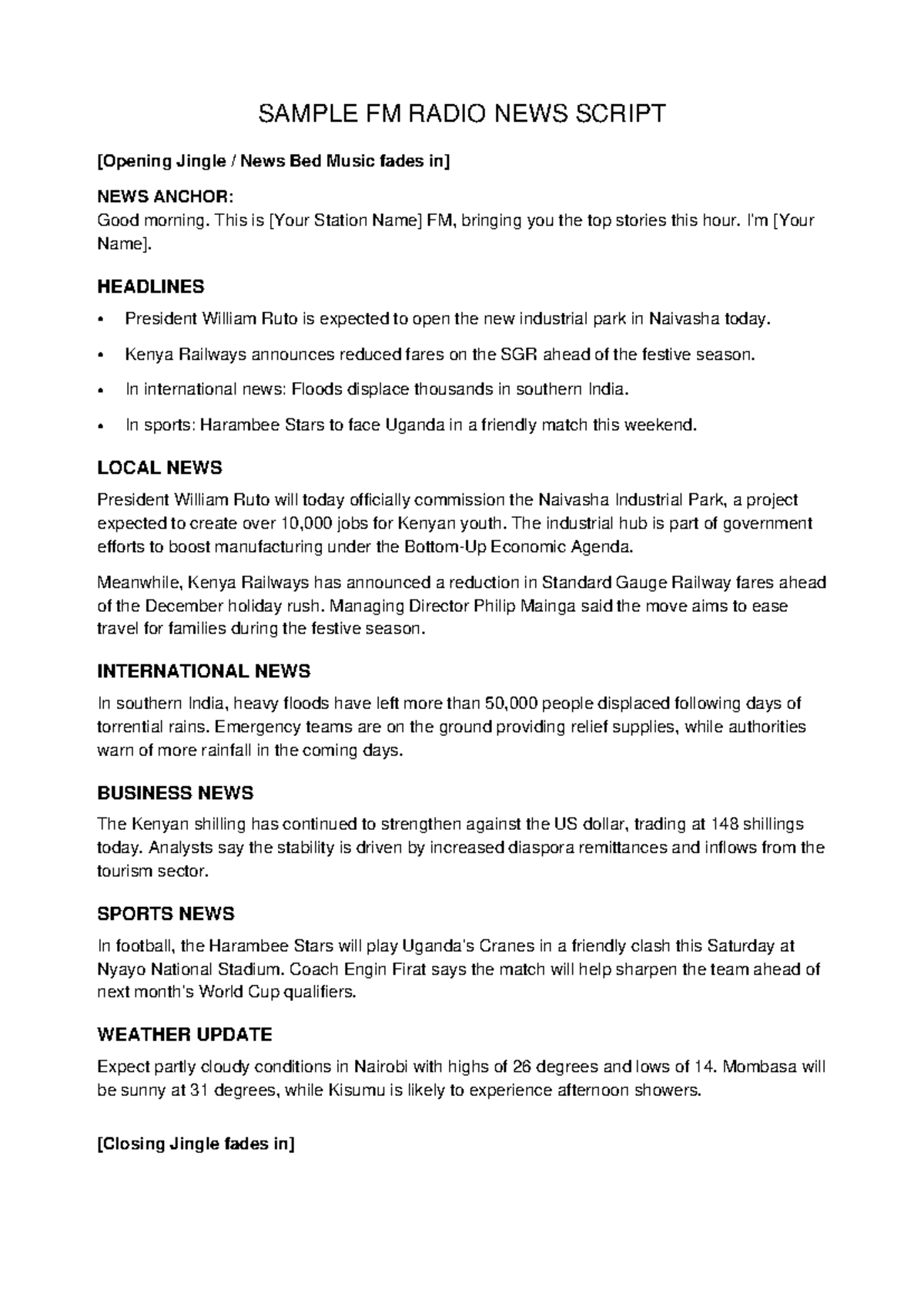FM Radio News Script: Top Stories & Updates - Studocu