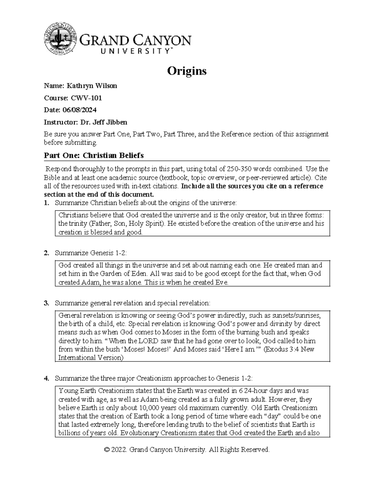 CWV- Origins Writing Assignment: Exploring Christian Beliefs and ...