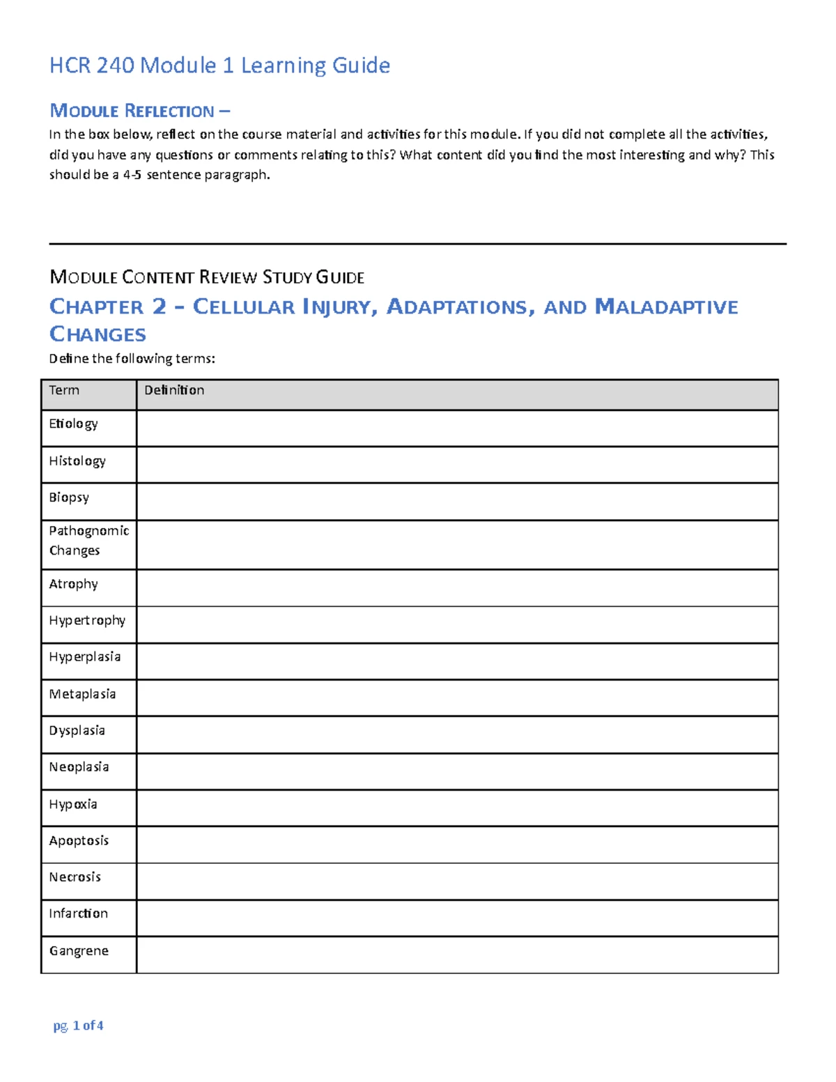 HCR 240 Module 4 Reflection & Diseases Learning Guide - Studocu
