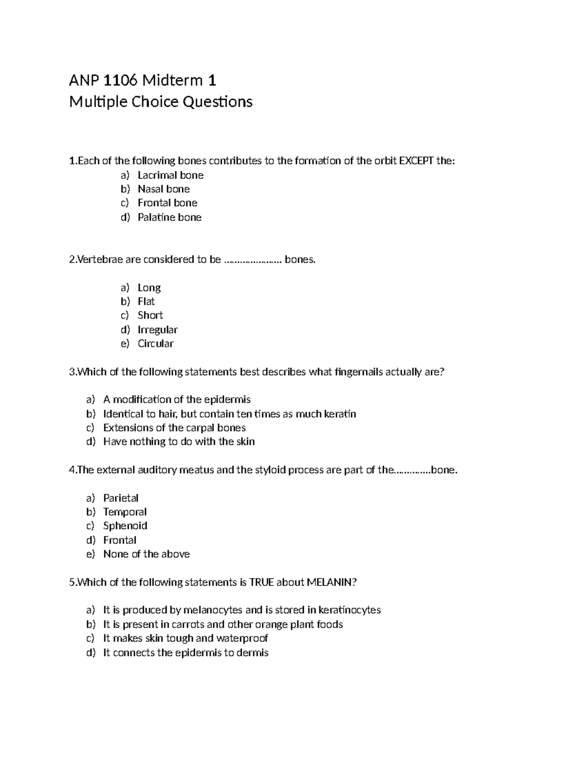 ANP 1106 Midterm 1 MCQs - Exam Practice Questions and Answers - Studocu