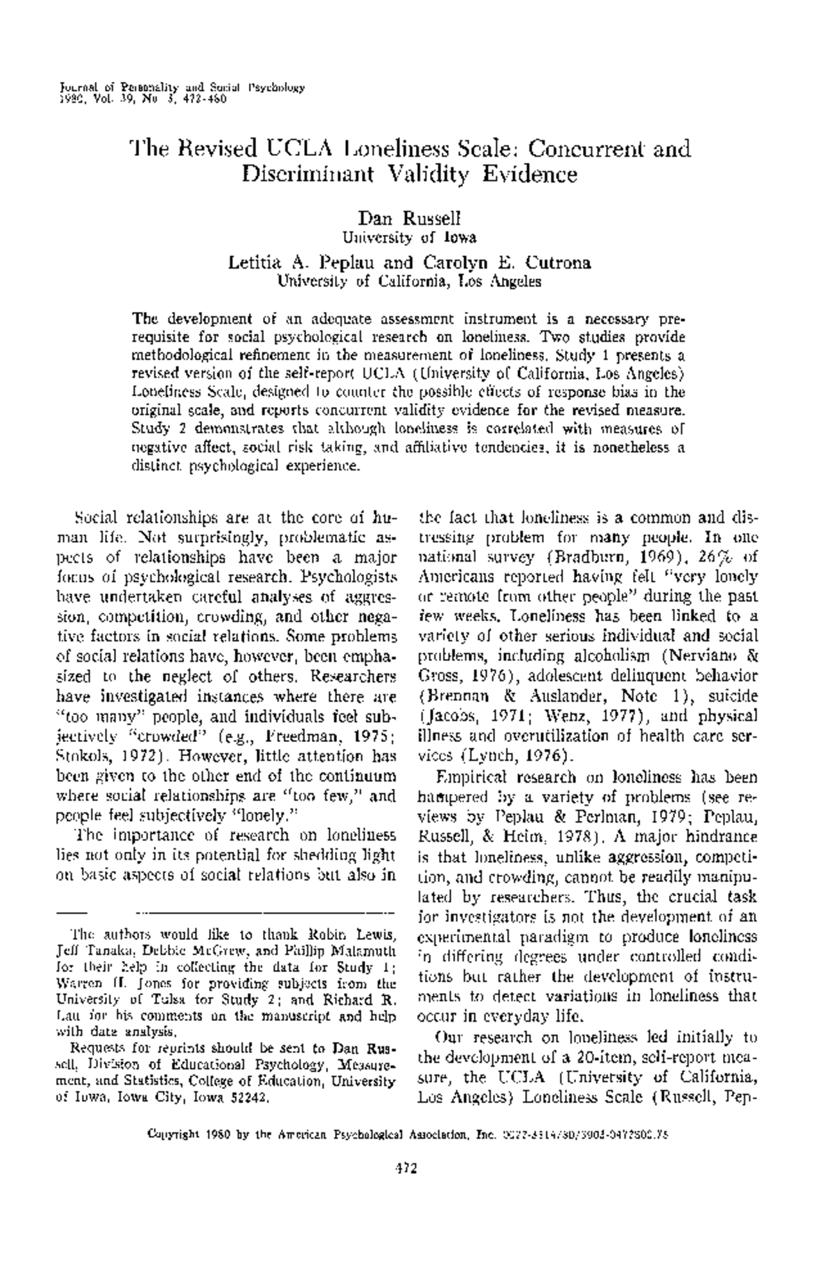 UCLA PSY 1980 - Revised Loneliness Scale: Validity & Methodology ...