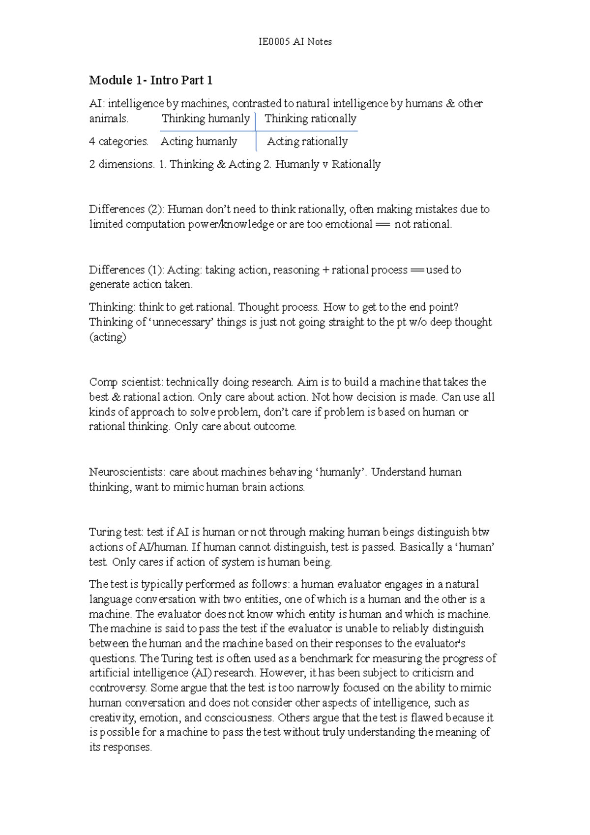 IE0005 AI Module 1 Lecture Notes: Understanding Machine Intelligence ...