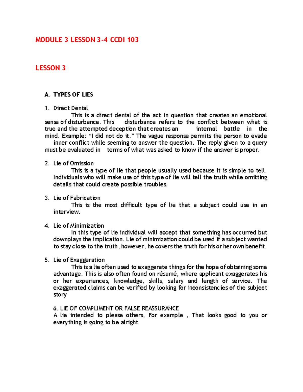 Types of Lies and Their Implications - CCDI 103 Lesson 3-4 - Studocu