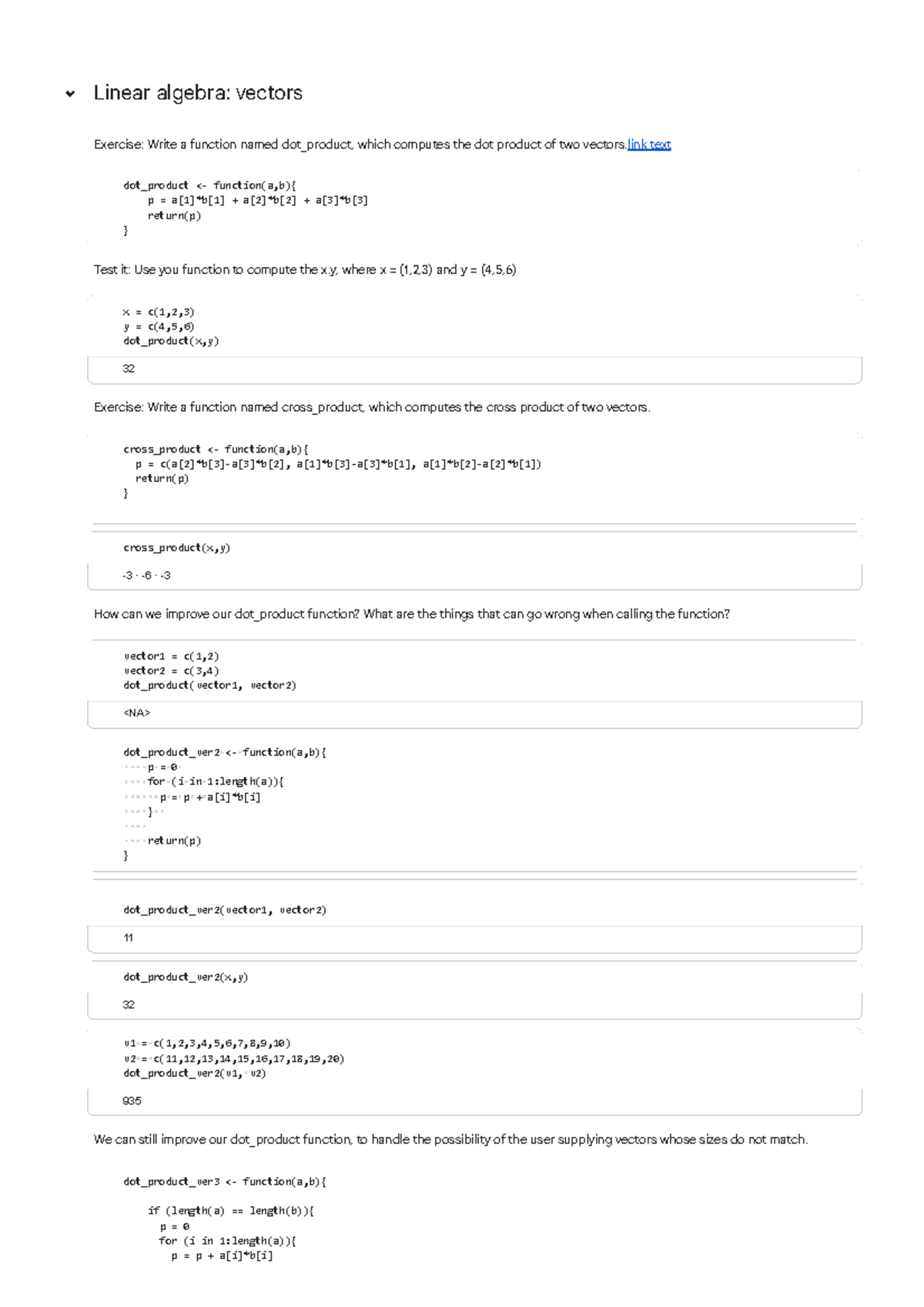 Linear Algebra: Vectors Exercise - Dot and Cross Product Functions ...