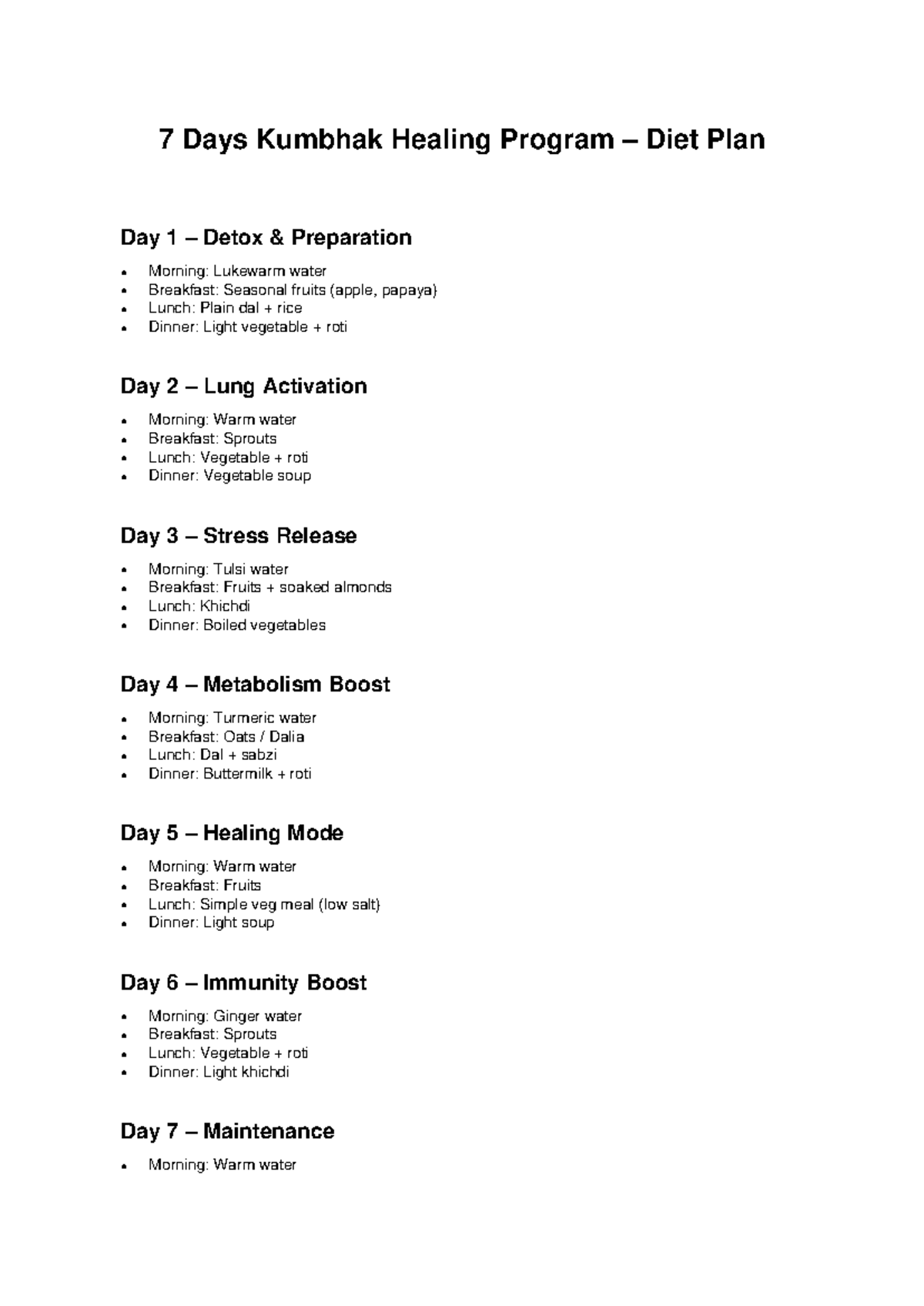 7 Days Kumbhak Healing Program Diet Plan: A Daily Guide - Studocu