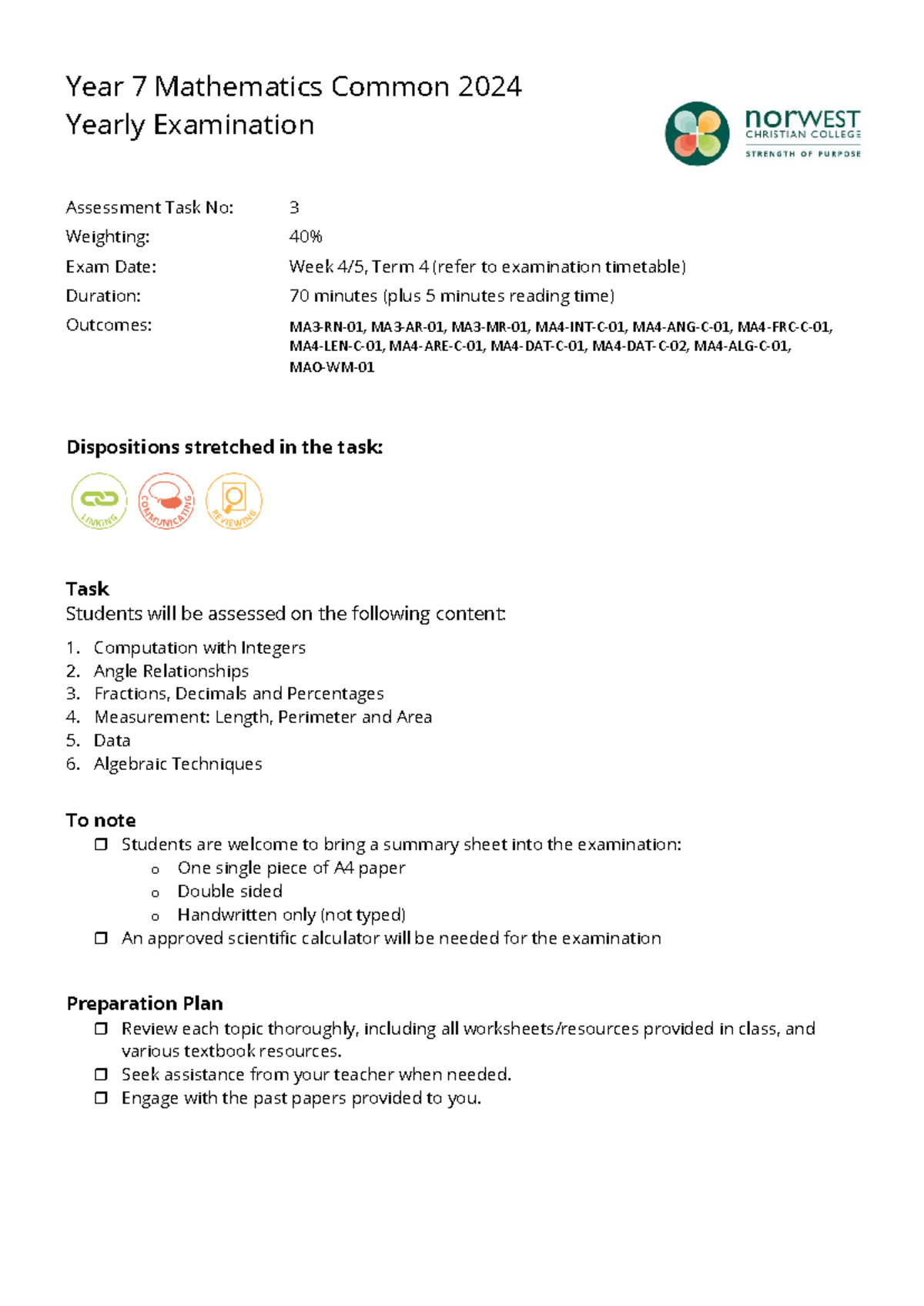 Year 7 Mathematics Common 2024 Yearly Exam Notification - Studocu