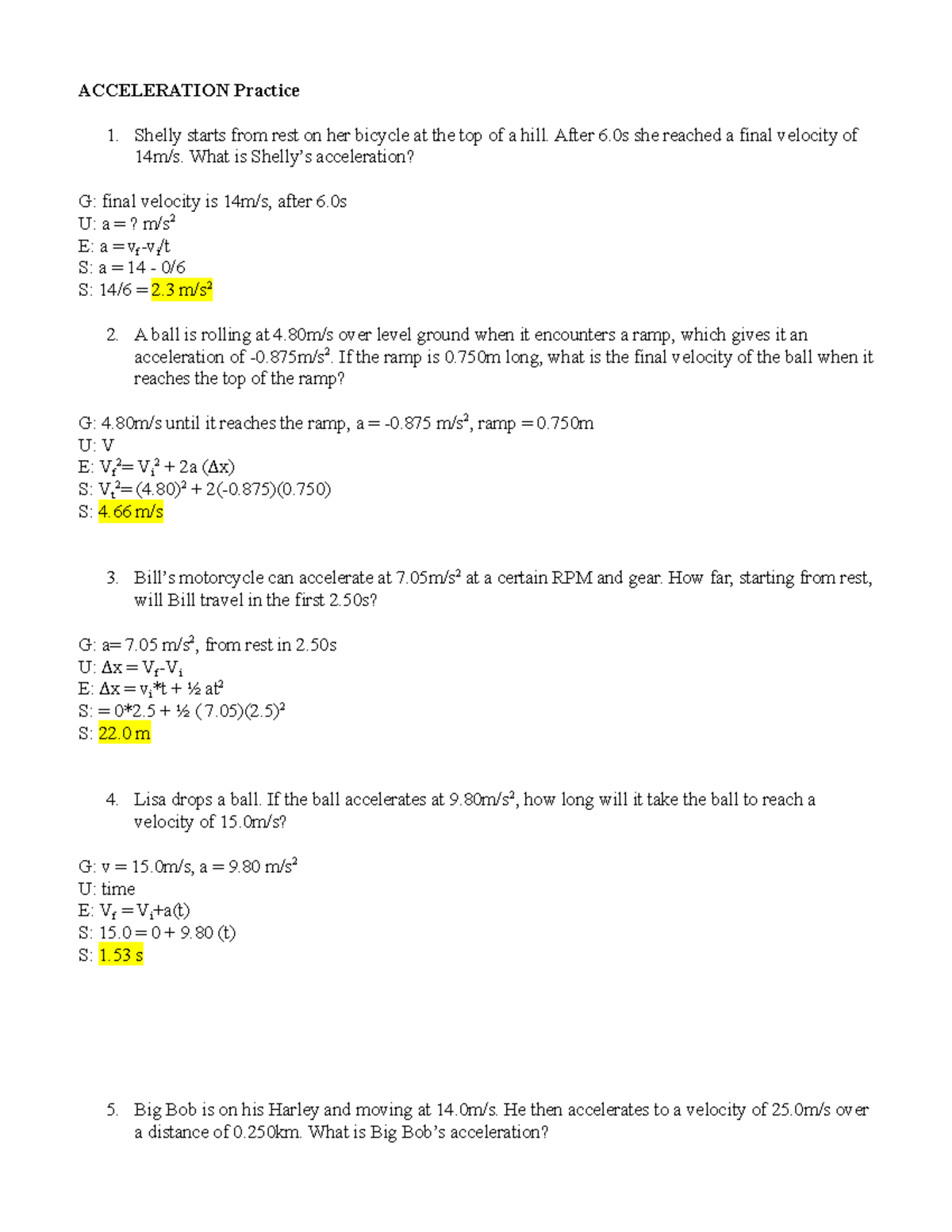 Acceleration Practice Problems II - ACCELERATION Practice Shelly starts ...