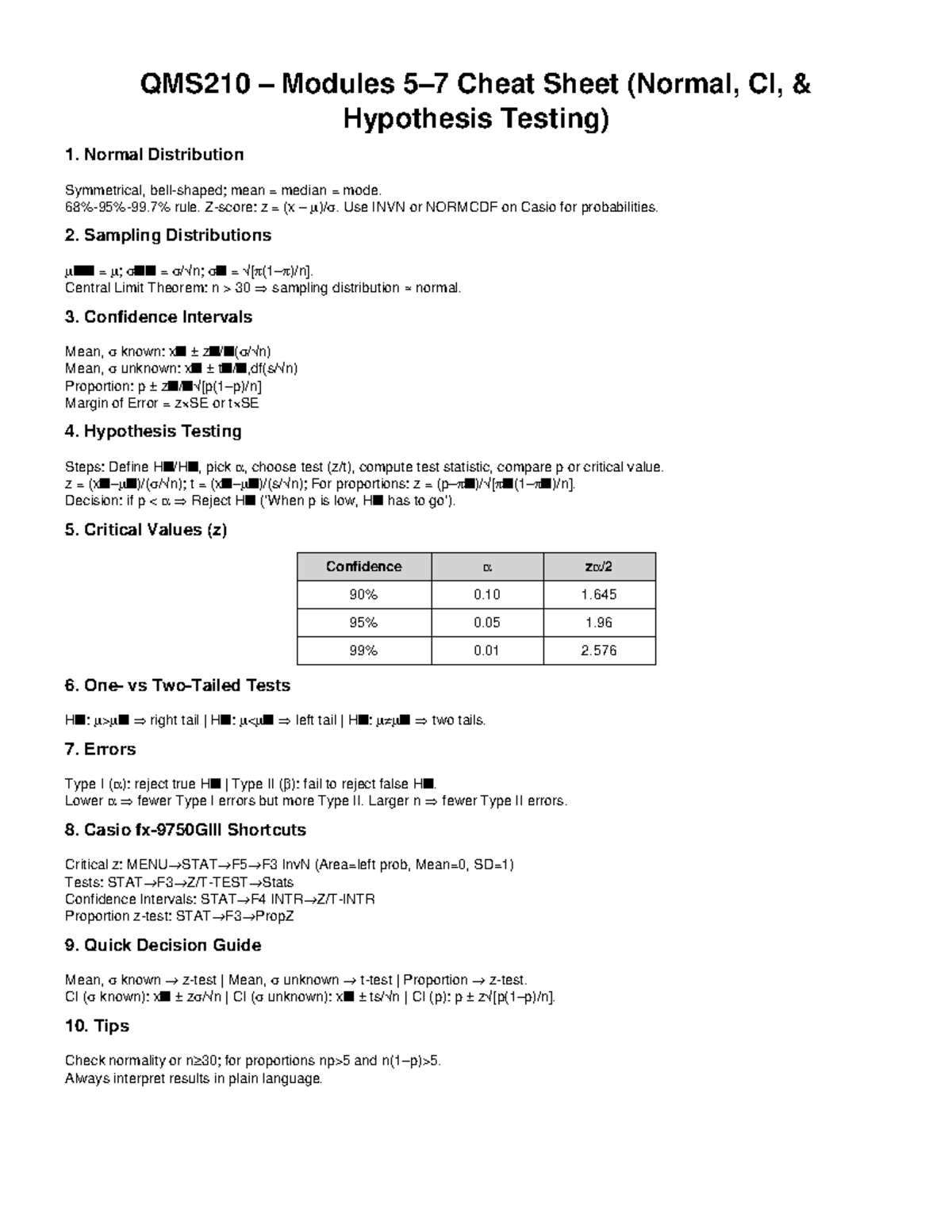 QMS210 Final Exam Cheat Sheet: Normal, CI & Hypothesis Testing - Studocu