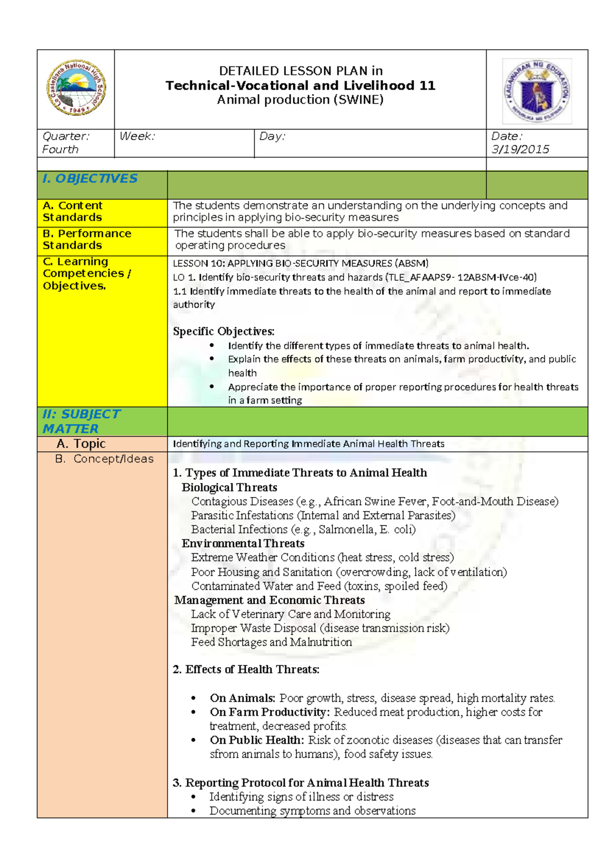 Detailed Lesson Plan: Identifying Immediate Animal Health Threats ...
