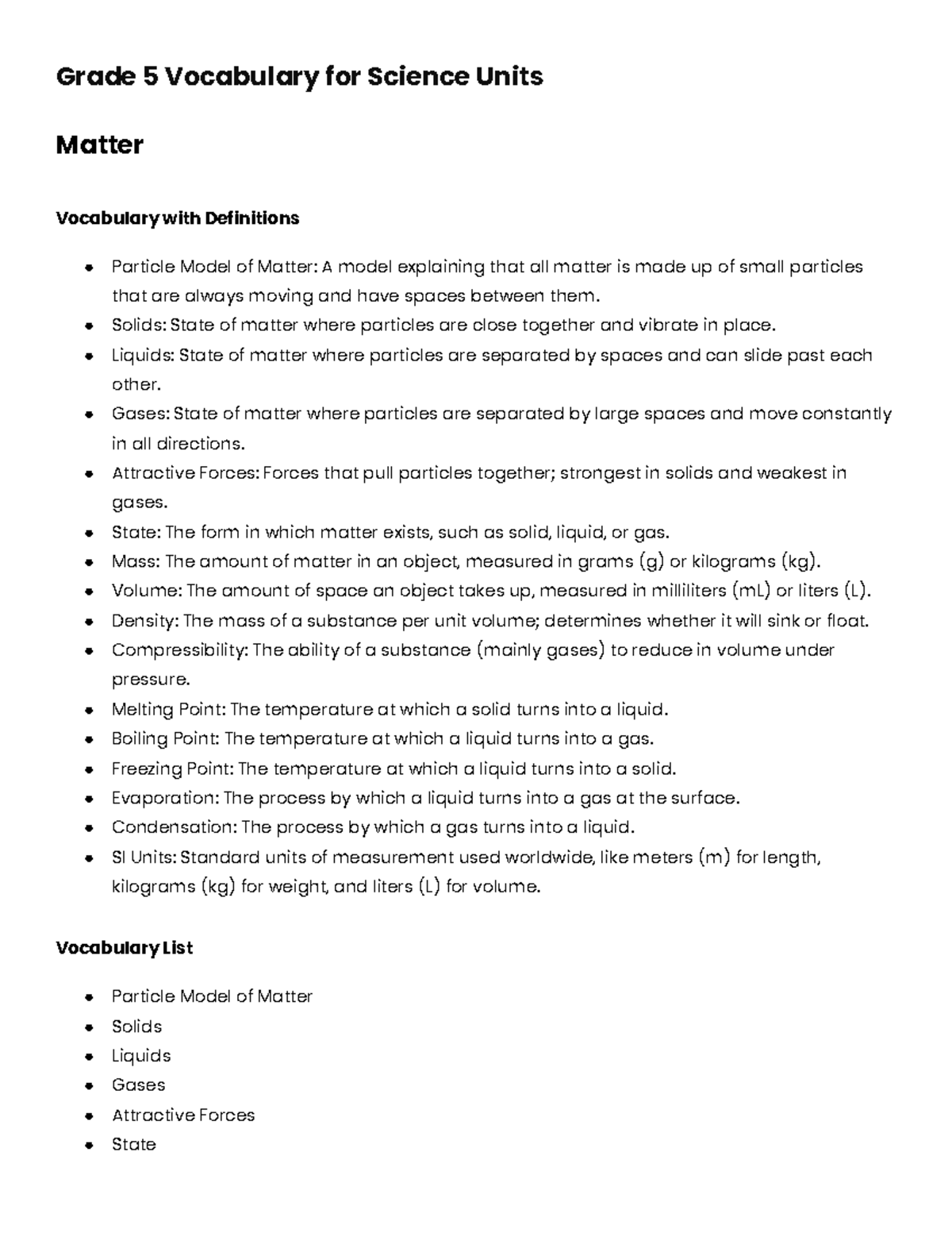 Grade 5 Science Vocabulary: Matter, Forces, Weather & Space - Studocu