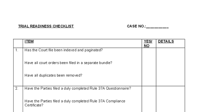 Trial Readiness Checklist 23102023 - TRIAL READINESS CHECKLIST CASE NO ...