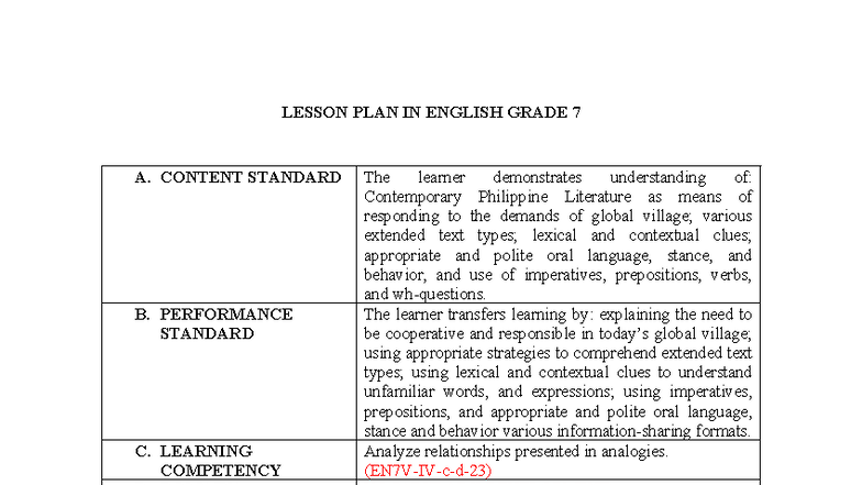 Final Lesson Plan on Analogy for English Grade 7 - Studocu