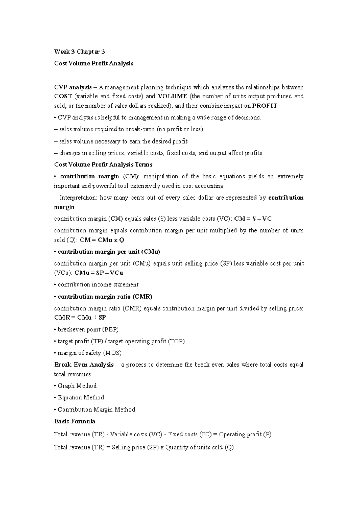 Week 3 Chapter 3 - CVP Analysis Lecture Notes & Formulas - Studocu