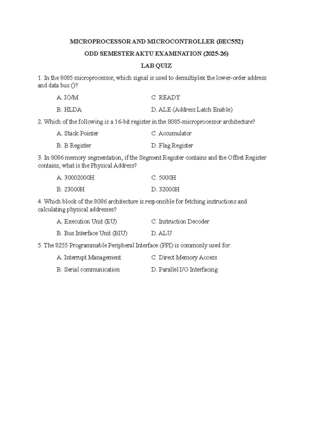 BEC552 Microprocessor & Microcontroller Lab Quiz 1 - Studocu
