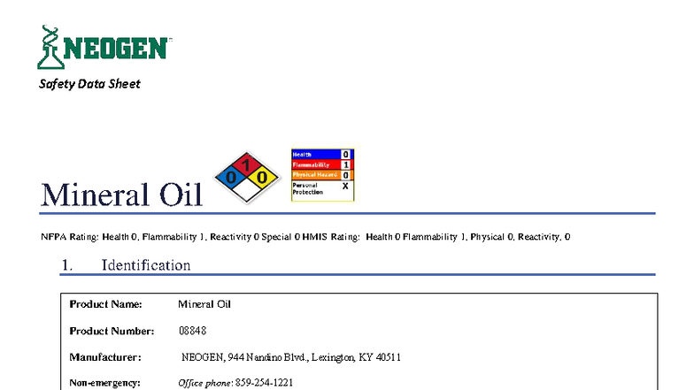 Mineral Oil Safety Data Sheet (SDS) - NFPA & HMIS Ratings - Studocu