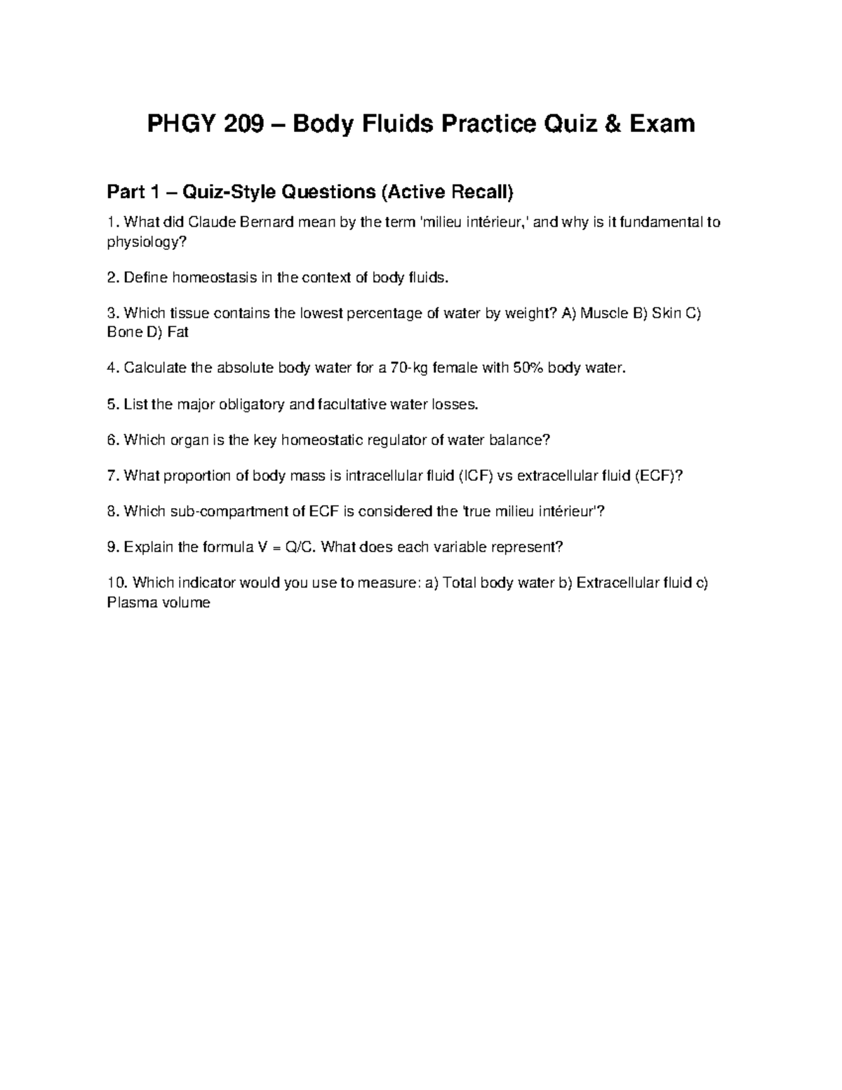 PHGY 209 Body Fluids Practice Quiz Exam Part 1 Questions - Studocu