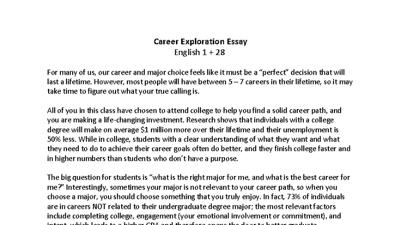 Career Exploration Essay ENGL 1: Finding Your Purpose - Studocu