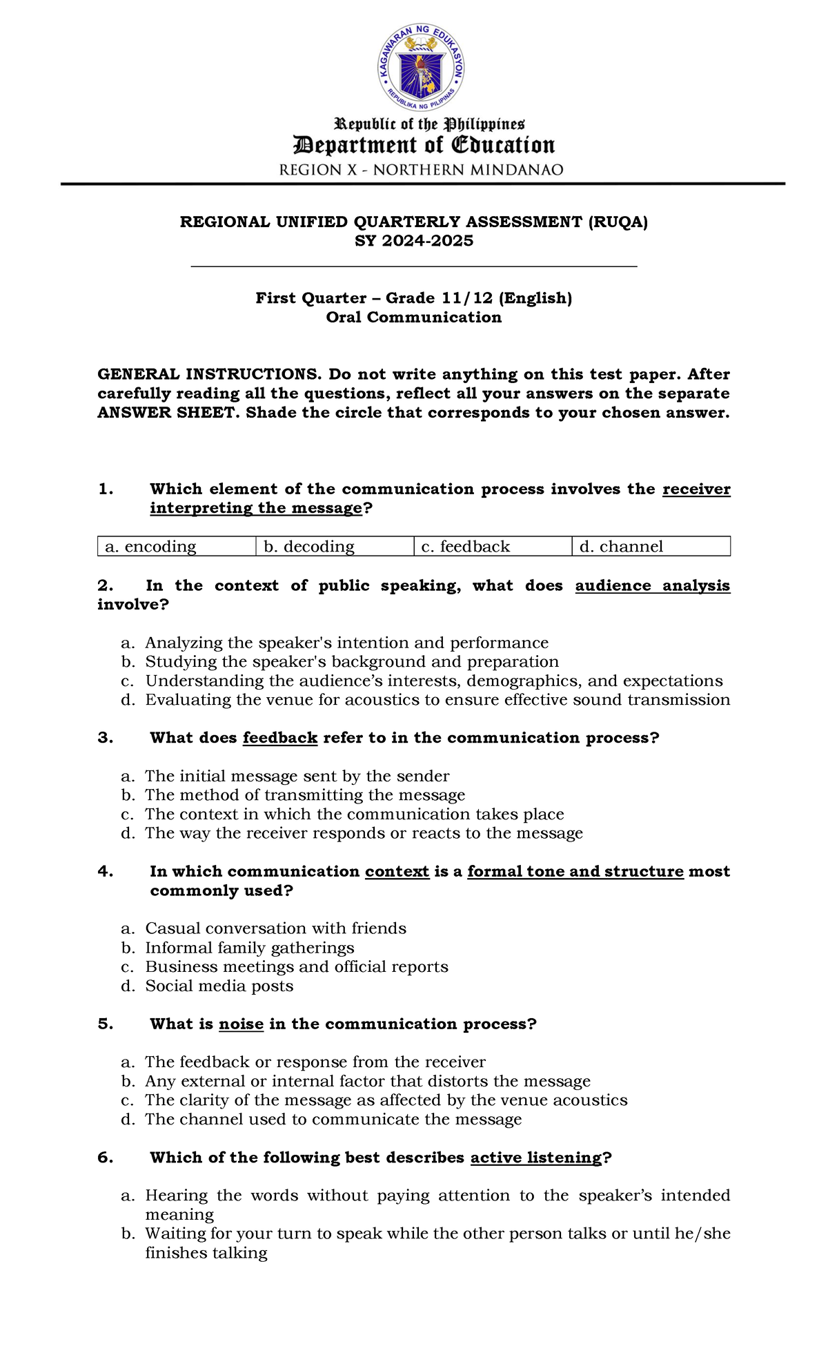 Grade 11-12 English (Oral Comm) Q1 Assessment - Test Paper - REGIONAL ...