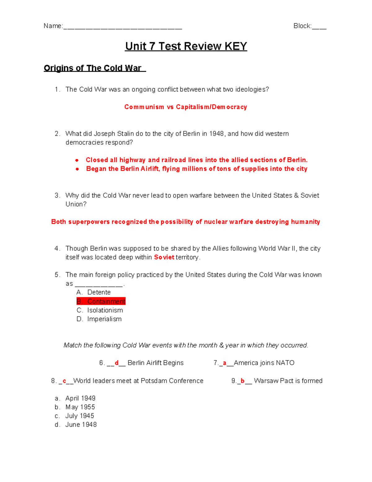 Unit 7 Test Review: The Early Cold War (KEY) - Studocu