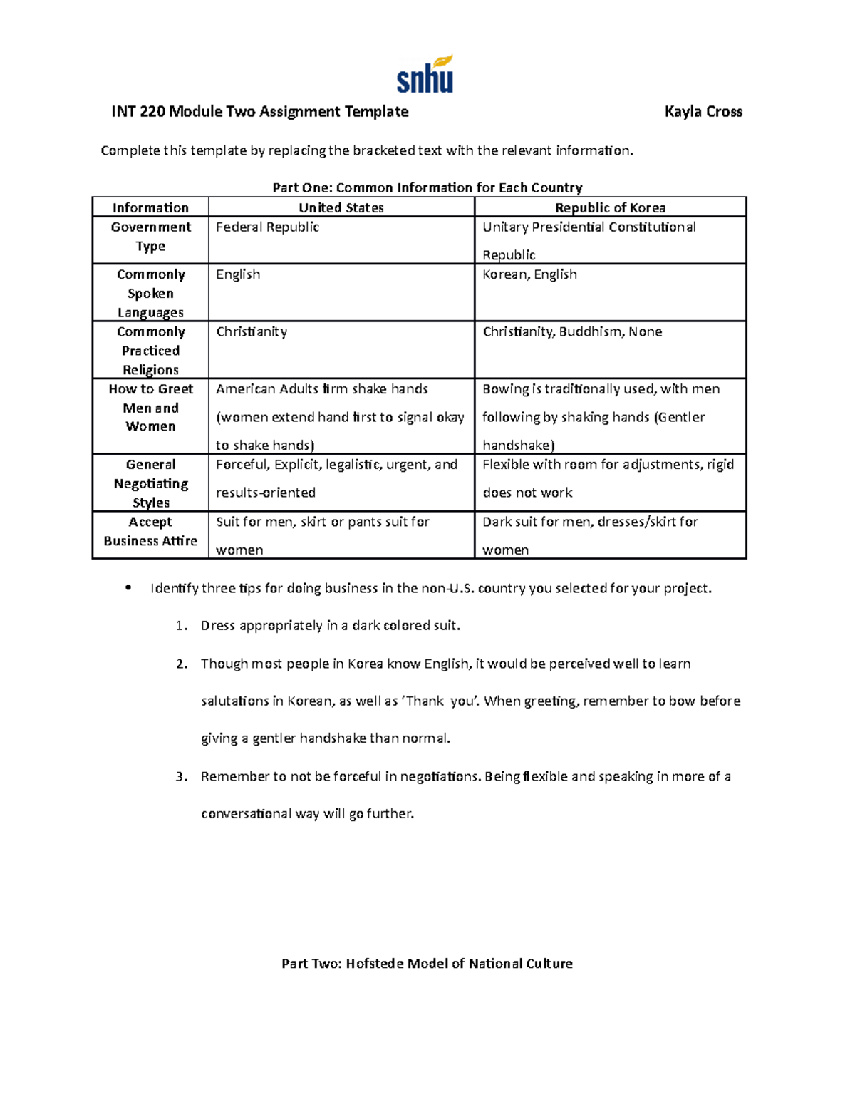 2 2 Assignment Cultural Comparisons Int 220 Module Two Assignment Template Kayla Cross