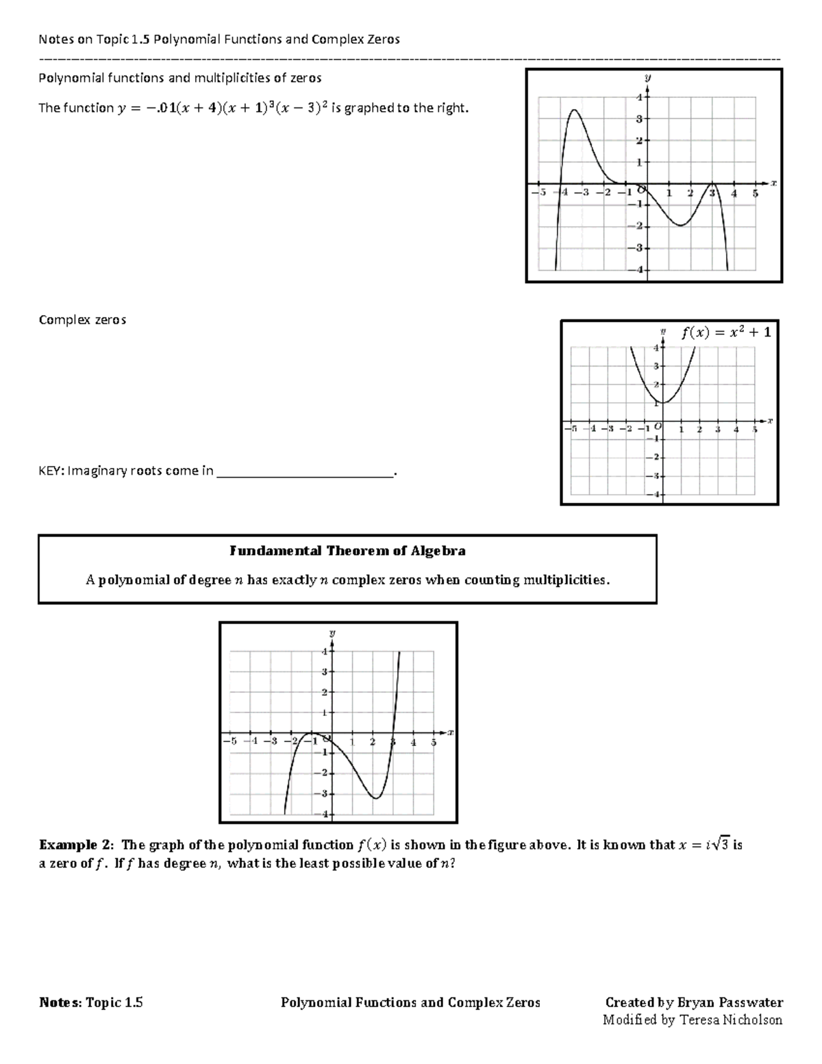 Notes on Precalculus Topic 1.5: Polynomial Functions & Complex Zeros ...