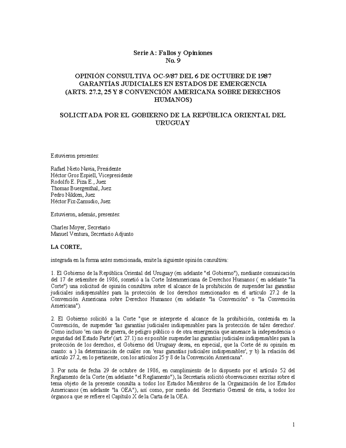 Opinión Consultiva OC 9 87 DEL 6 DE Octubre DE 1987 - Serie A: Fallos y ...