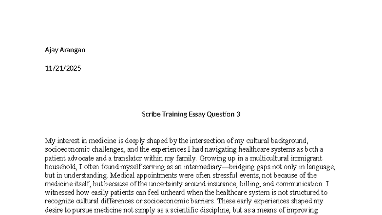 Scribe Training Essay Q3: My Journey to Medicine and Cultural Advocacy ...