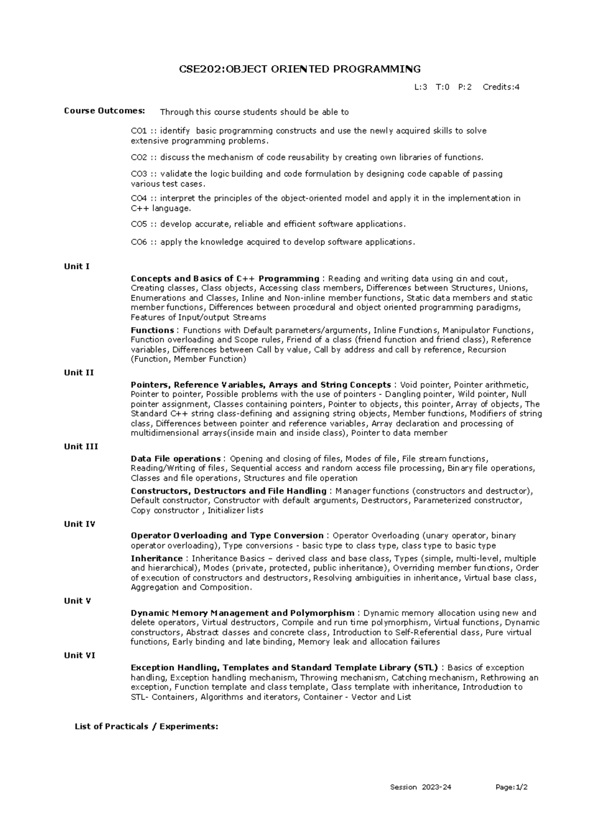 CSE202(OOPS) - Comprehensive Syllabus for Object Oriented Programming ...