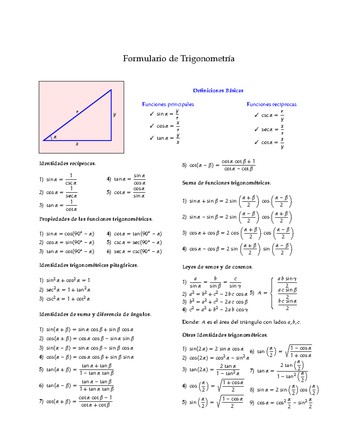 Trigonometría 2 - nopi - Formulario de Trigonometr ́ıa α r y x Definiciones B ́asicas Funciones ...