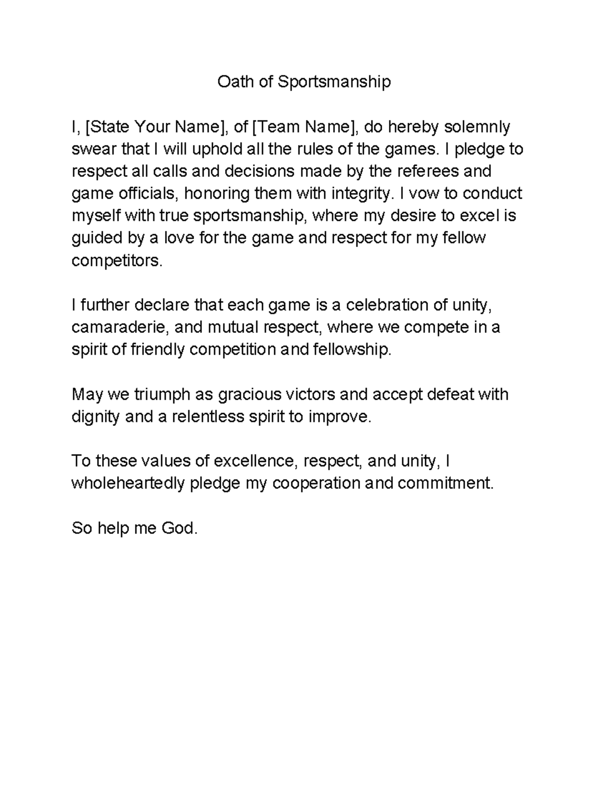 OATH - SPORTS MANSHIP FOR INTRAMURALS TEAM EVENT - Studocu