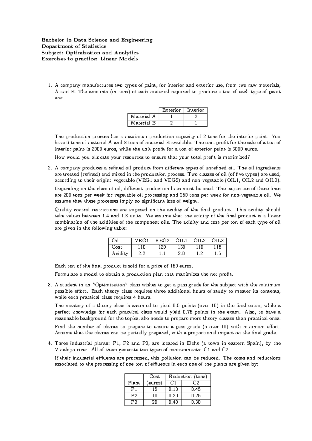 Practice Problems for Linear Models in Optimization and Analytics (DS 101) - Studocu