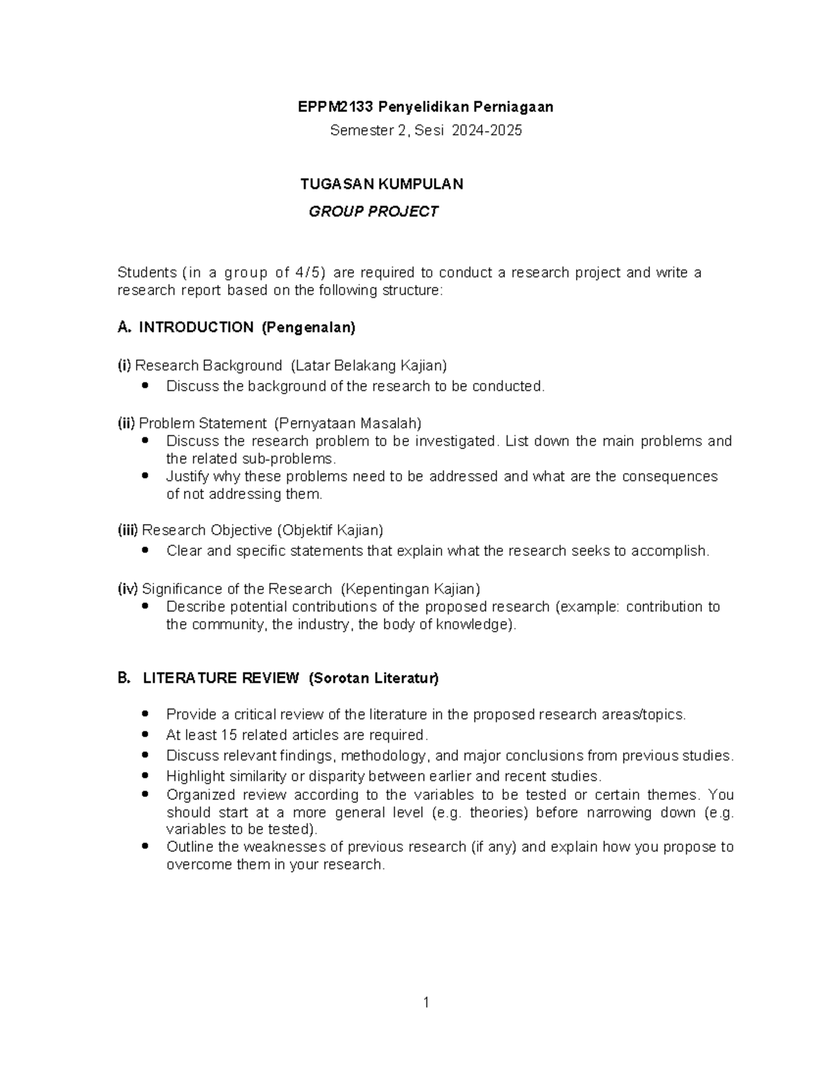 EPPM2133 Tugasan Kumpulan: Research Project Guidelines for Semester 2 - Studocu