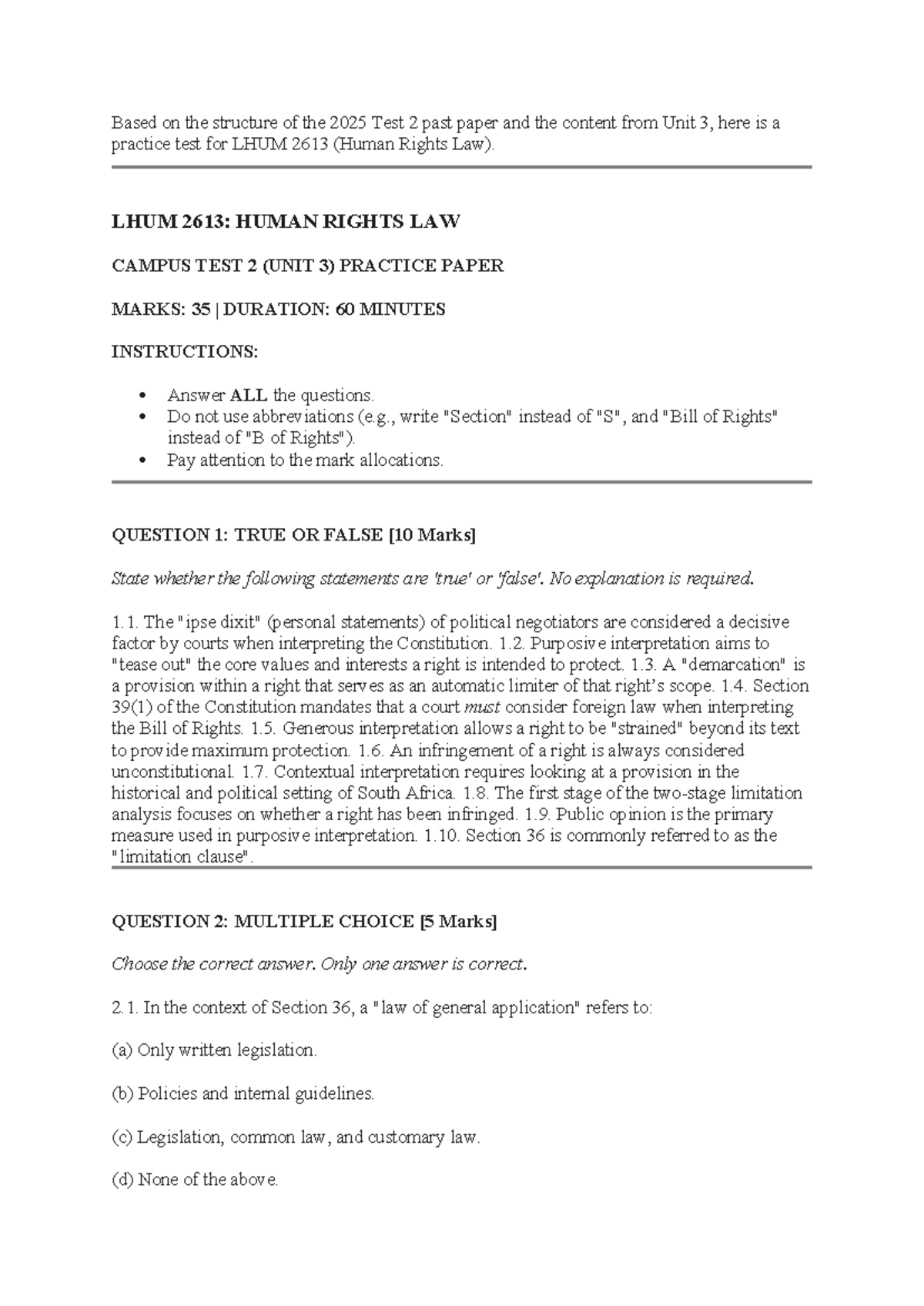 LHUM 2613: HUMAN RIGHTS LAW UNIT 3 MOCK TEST PRACTICE PAPER - Studocu