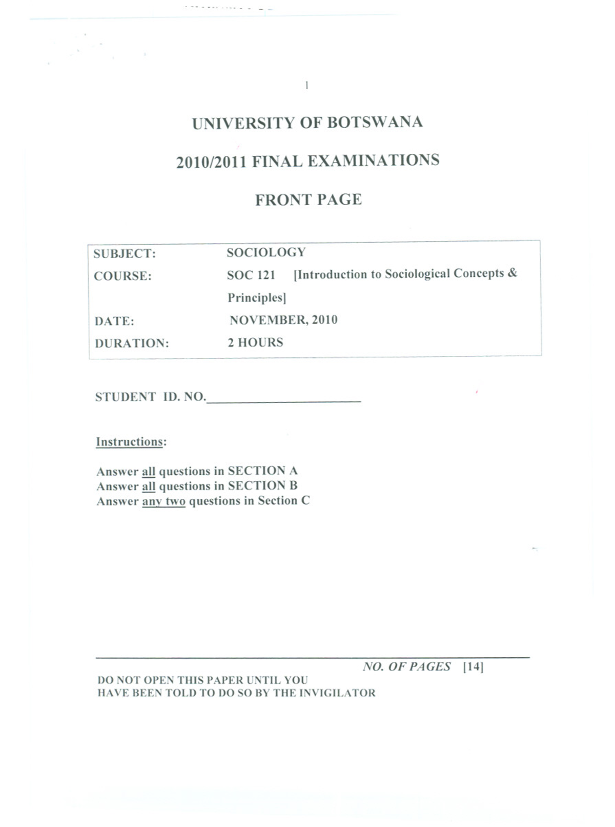 Soc 121 - 2010-1 - practice - 1 UNIVERSITY OF BOTSWANA FINAL ...