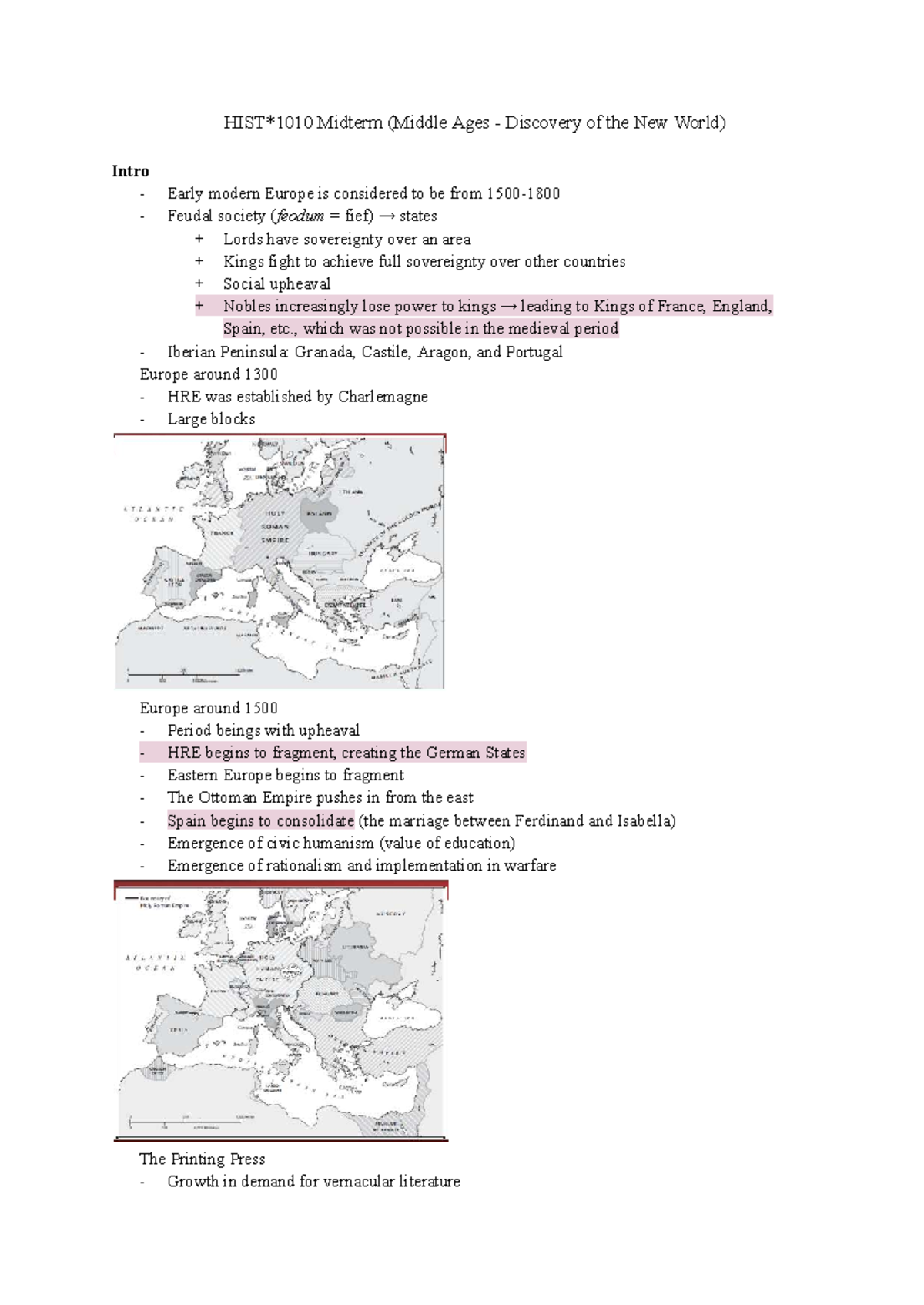 HIST 1010 Midterm: The Middle Ages to the New World Discovery - Studocu