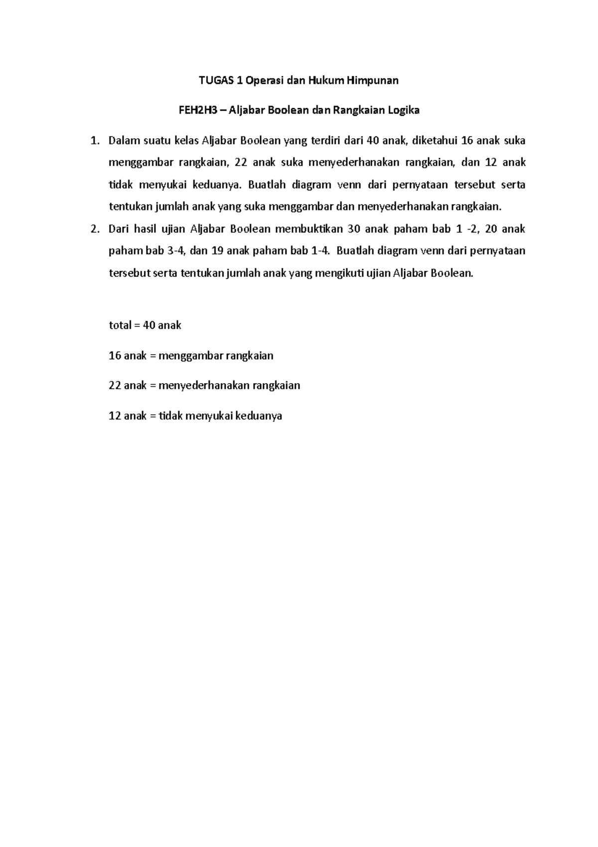 Tugas 1 Operasi dan Hukum Himpunan - TUGAS 1 Operasi dan Hukum Himpunan ...