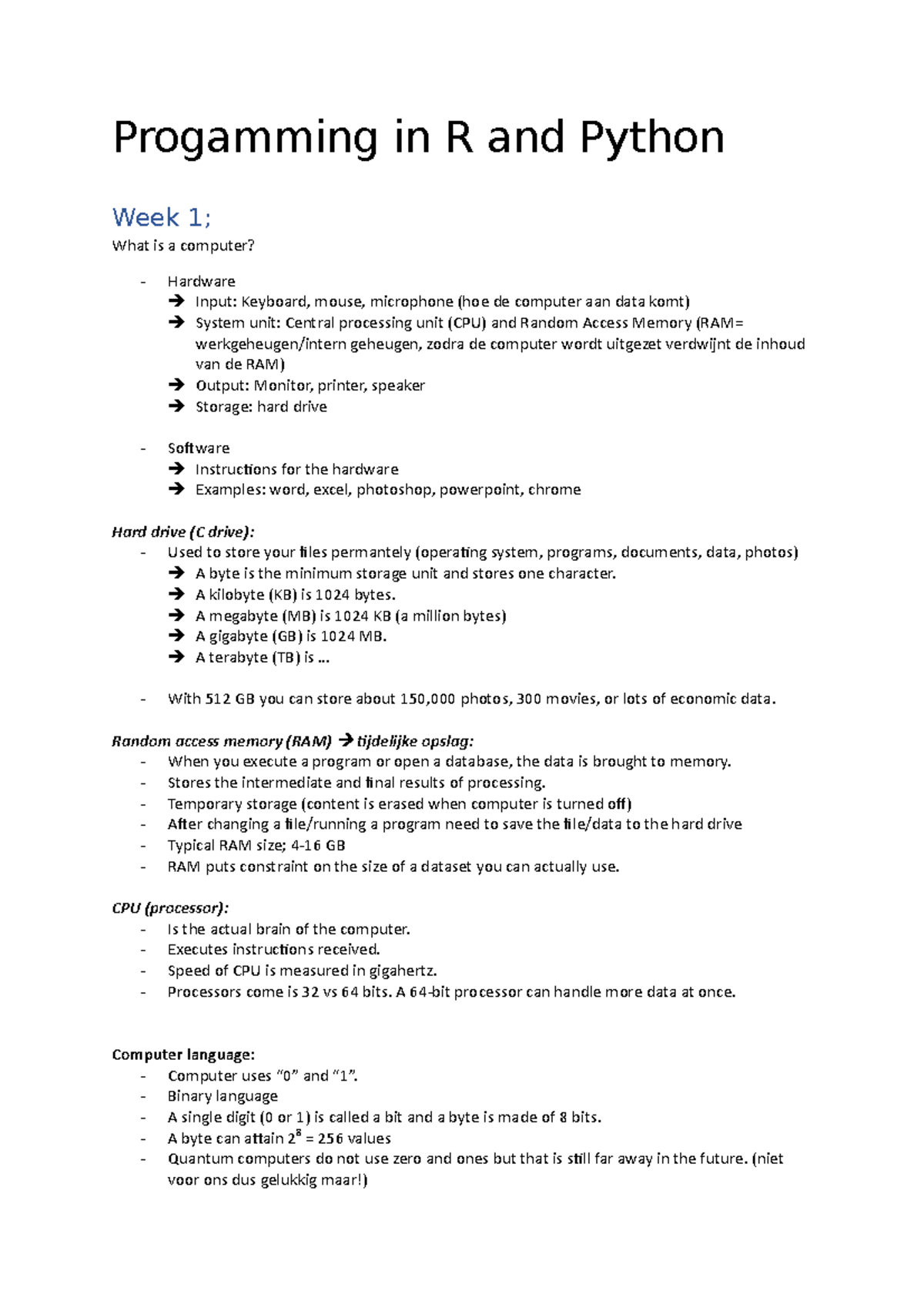 Progamming in R and Python samenvatting - Inleiding tot Programmeren - Studeersnel