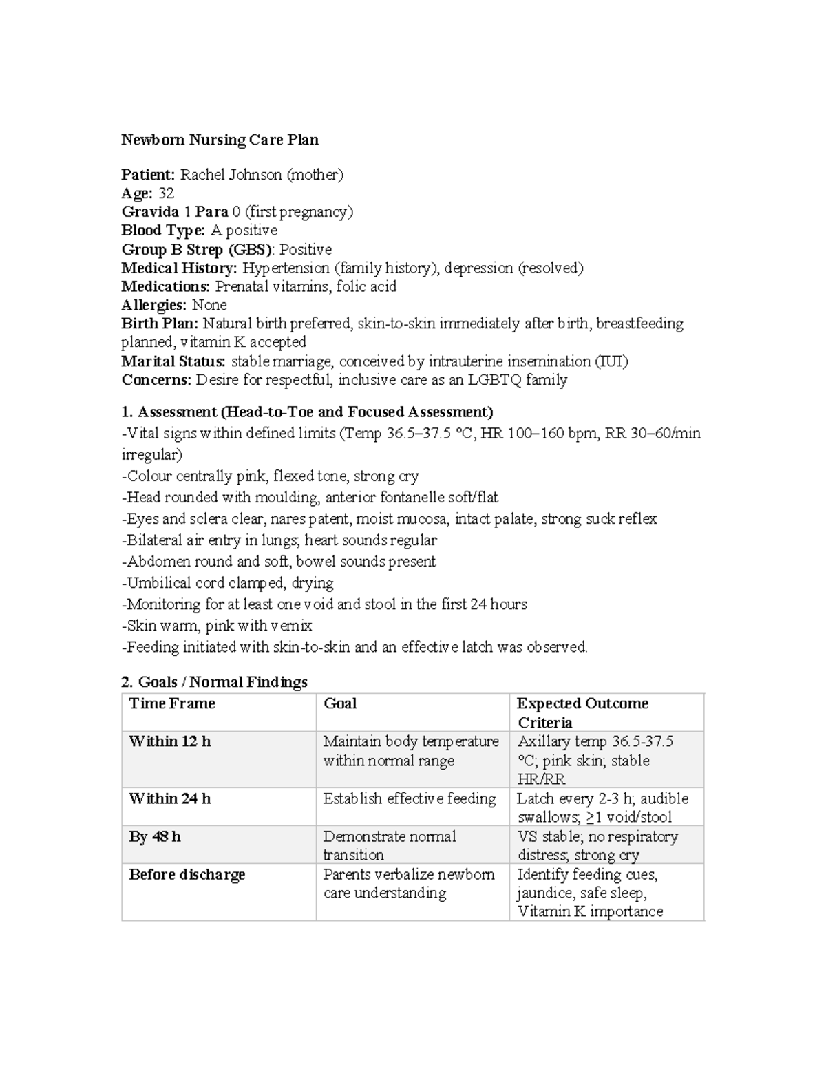 SIM 1 Newborn Nursing Care Plan for Rachel Johnson - Studocu